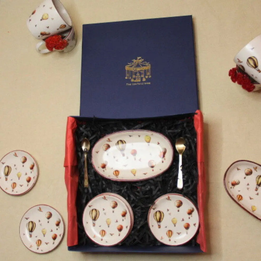 Luxury Stoneware Oval Serving Tray & Tea Plate Set with Pure Brass Spo ...